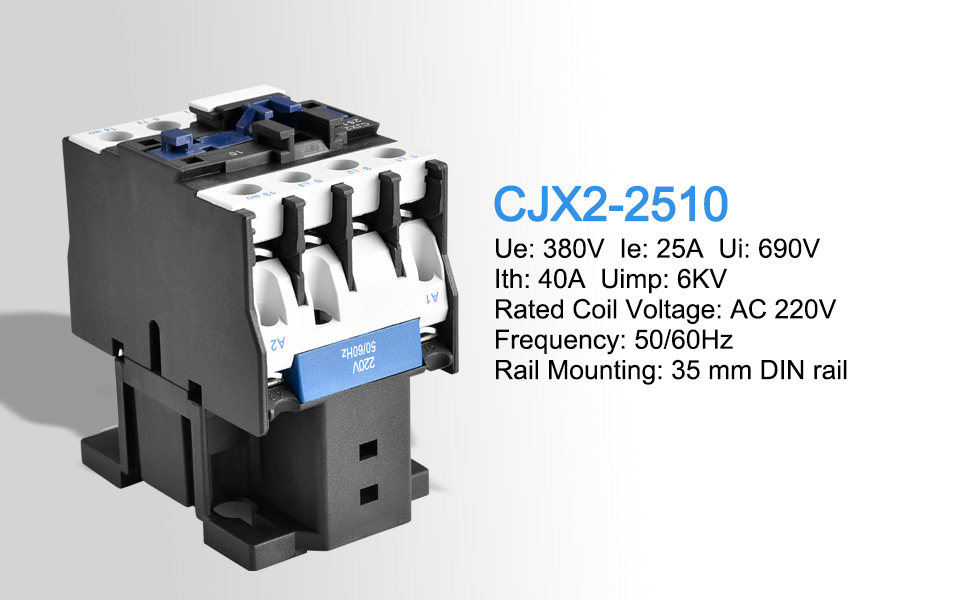 Heschen AC Contactor, CJX2-2510, 220V 50/60Hz Coil, 3P, 3 Pole, Normally Open, Ie 25A, Ue 380V ...