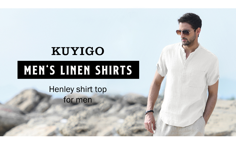 KUYIGO Men's Casual Short Long Sleeve Henley Shirts Linen Cotton Slim Button Regular Hippie ...