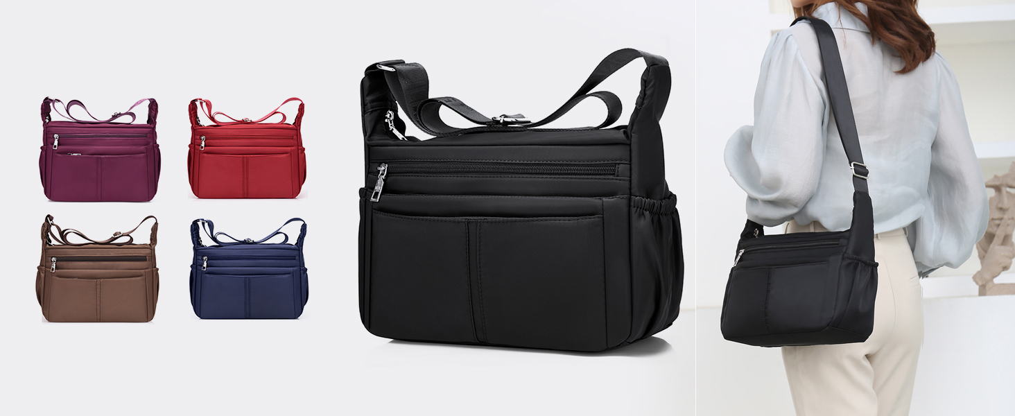 Carfond Women Shoulder Bag Multi-Pockets Handbag Water-Resistant Nylon Crossbody Bags Large ...