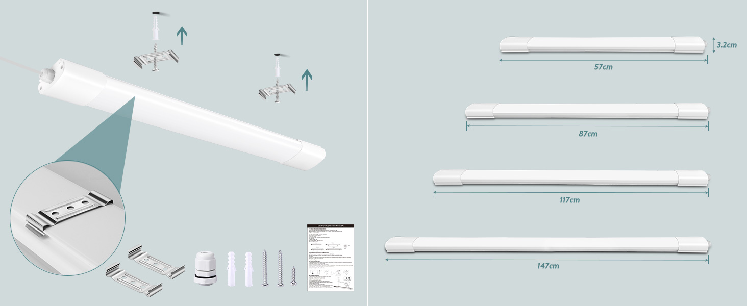 LED Feuchtraumleuchte 60CM IEGLED, 20W 2200LM Deckenlampe 4000K Neutralweiß, LED Werkstatt ...
