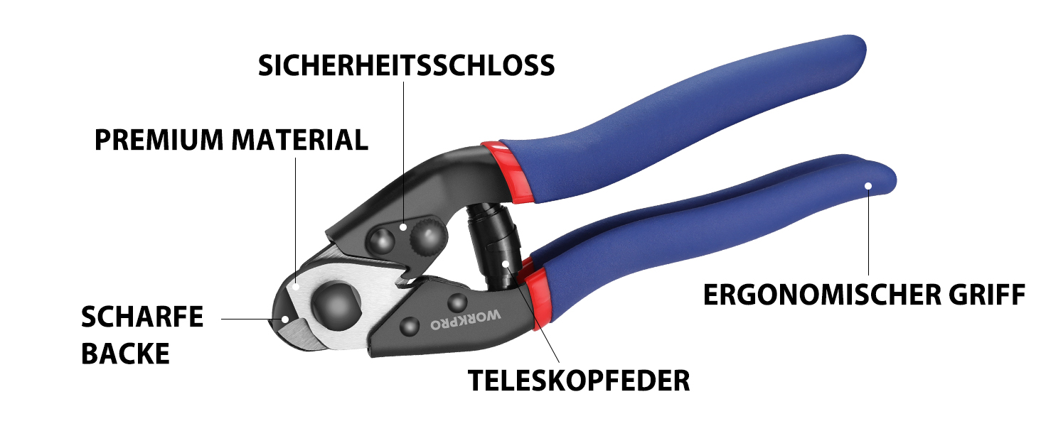 WORKPRO Drahtseilschneider Drahtschneider 190mm, Drahtseilschere Kabelschneider, Chrom-Vanadium ...