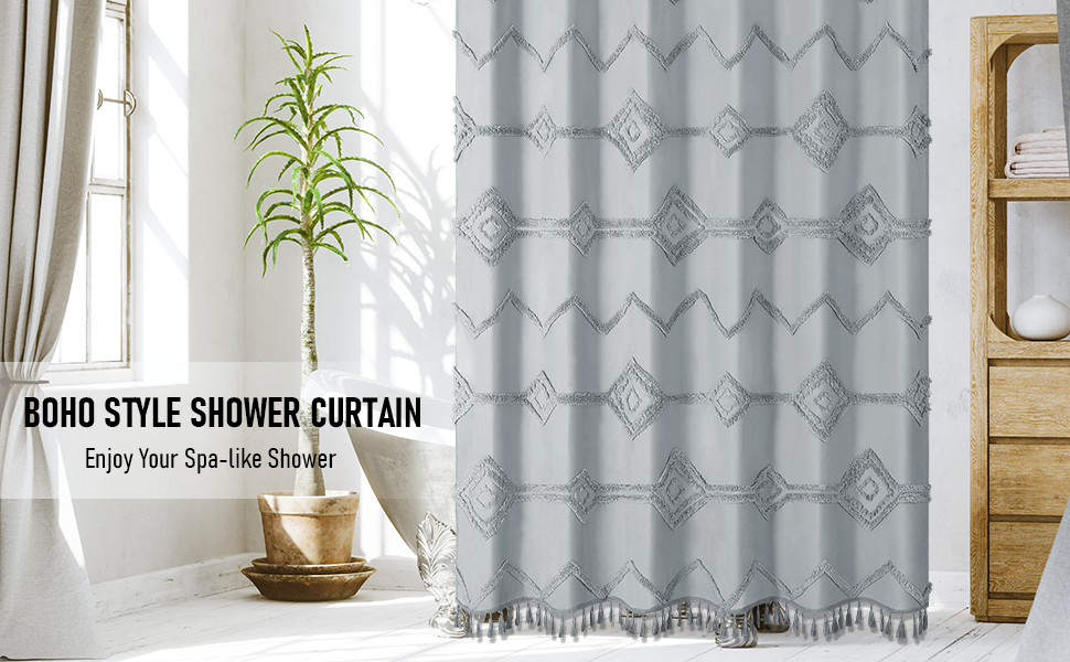 Amazon.com: Dynamene Crey Fabric Shower Curtain, Boho Farmhouse Tufted Geometric Striped Tassel ...