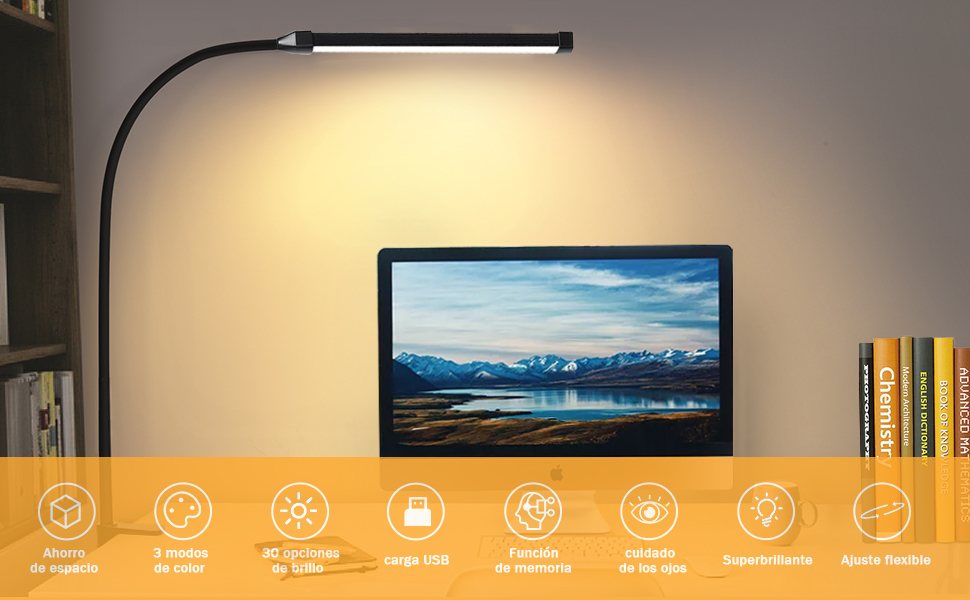 OIOSEN LED Lámpara de escritorio con pinza, largo cuello de cisne flexible de metal USB Lámparas ...