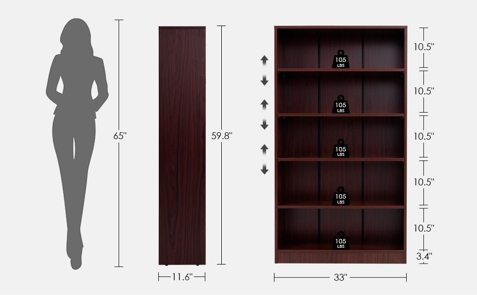 Amazon.com: Soohow Mahogany Bookcase,Bookshelf for Bedroom,60 inches Tall Wood Book case Book ...