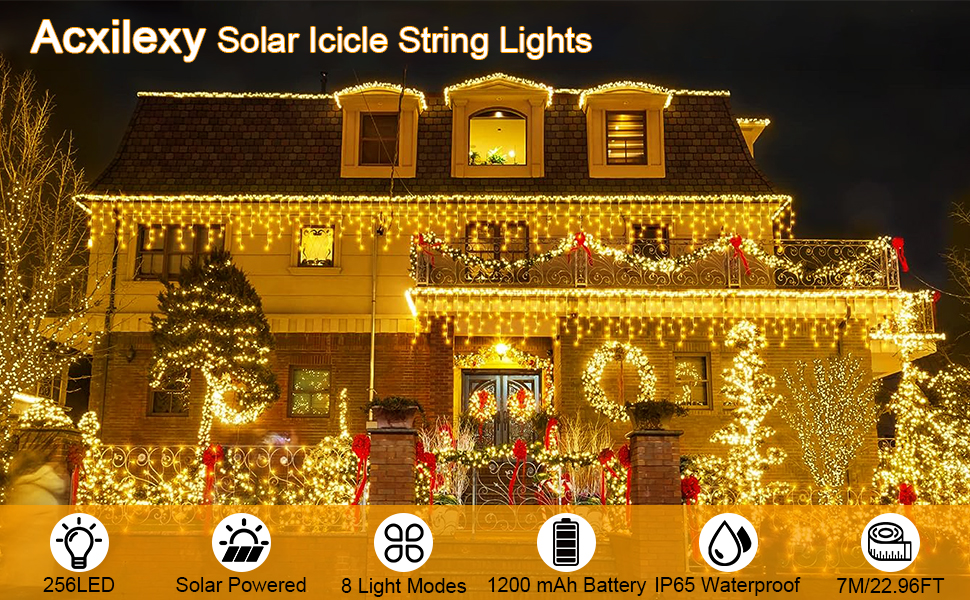 Acxilexy Solar Icicle String Lights Outdoor, 23Ft 256 LEDs Christmas ...