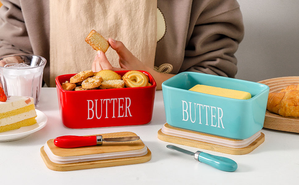 Amazon.com | Hasense Porcelain Butter Dish with Bamboo Lid - Covered Butter Dish with Butter ...