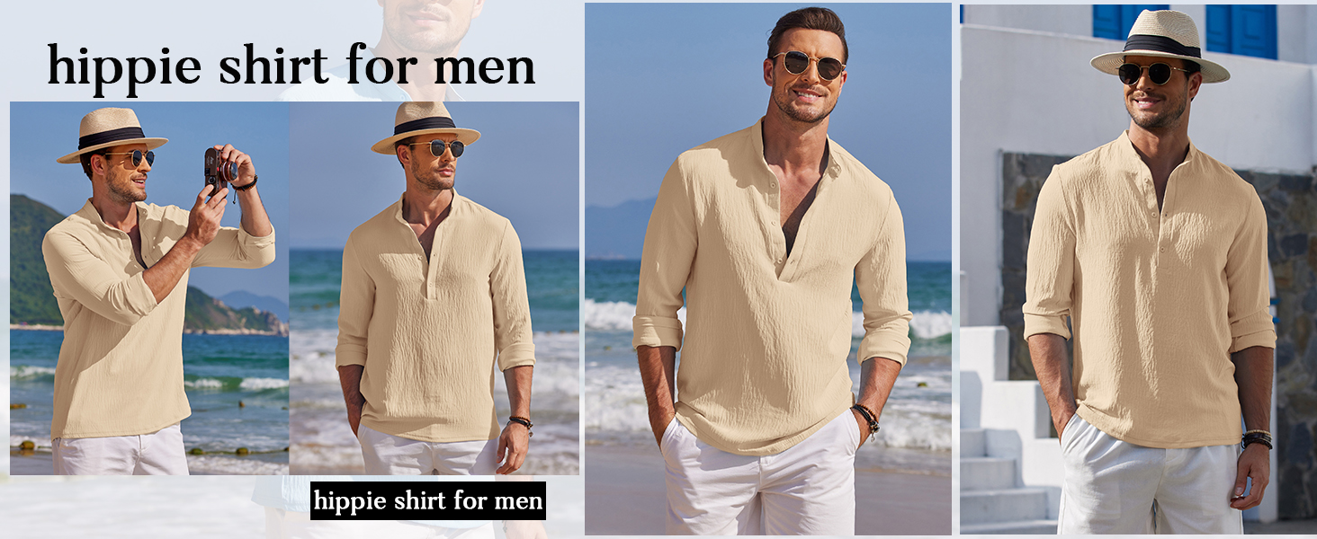 COOFANDY Men's Casual Henley Shirt Band Collar Long Sleeve Shirt Beach Hippie Summer Button T ...