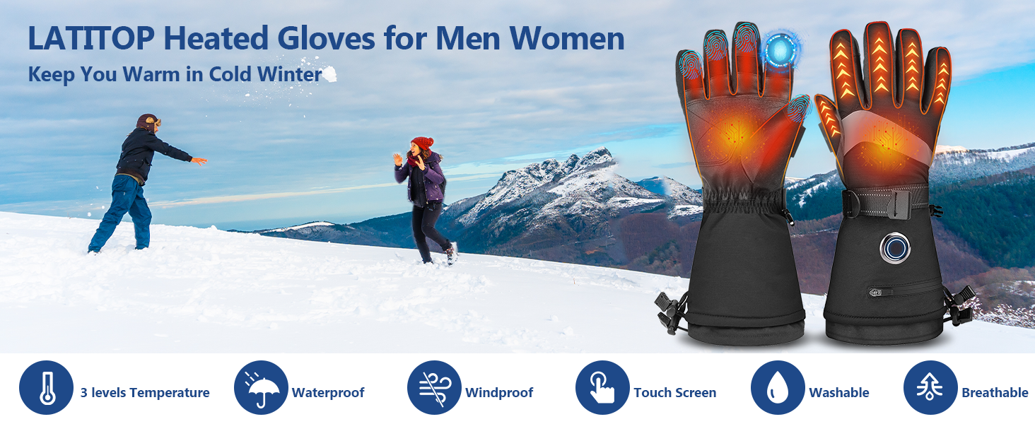 LATITOP Heated Gloves for Men Women, Rechargeable Heated Gloves Battery Powered Waterproof ...