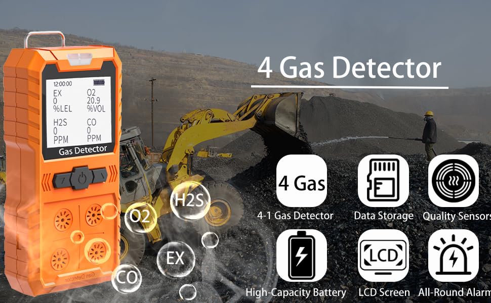 Otuoor 4 Gas Detector, Portable 4 Gas Monitor Multi Gas Detector H2S,O2,CO and EX Rechargeable ...