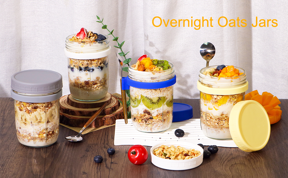 Amazon.com: HOXHA Overnight Oats Containers With Lids And Spoon Glass Mason Jars Reusable With ...