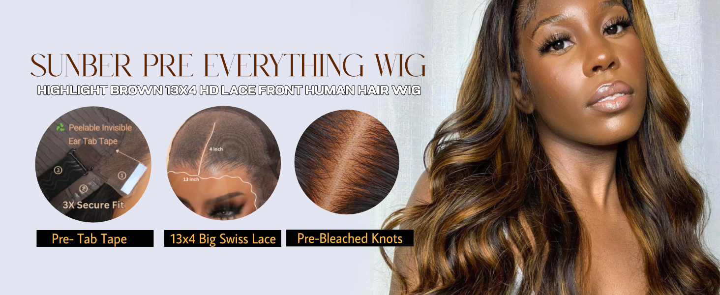 Amazon.com : Sunber Ombre Highlight #FB30 13x4 Lace Front Human Hair Wigs Pre Everything 12A ...