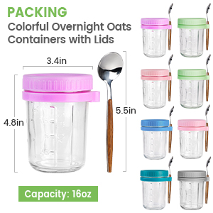 Amazon.com: SUREHOME Overnight Oats Containers with Lids and Spoon, 16 Oz Glass Mason Jars for ...