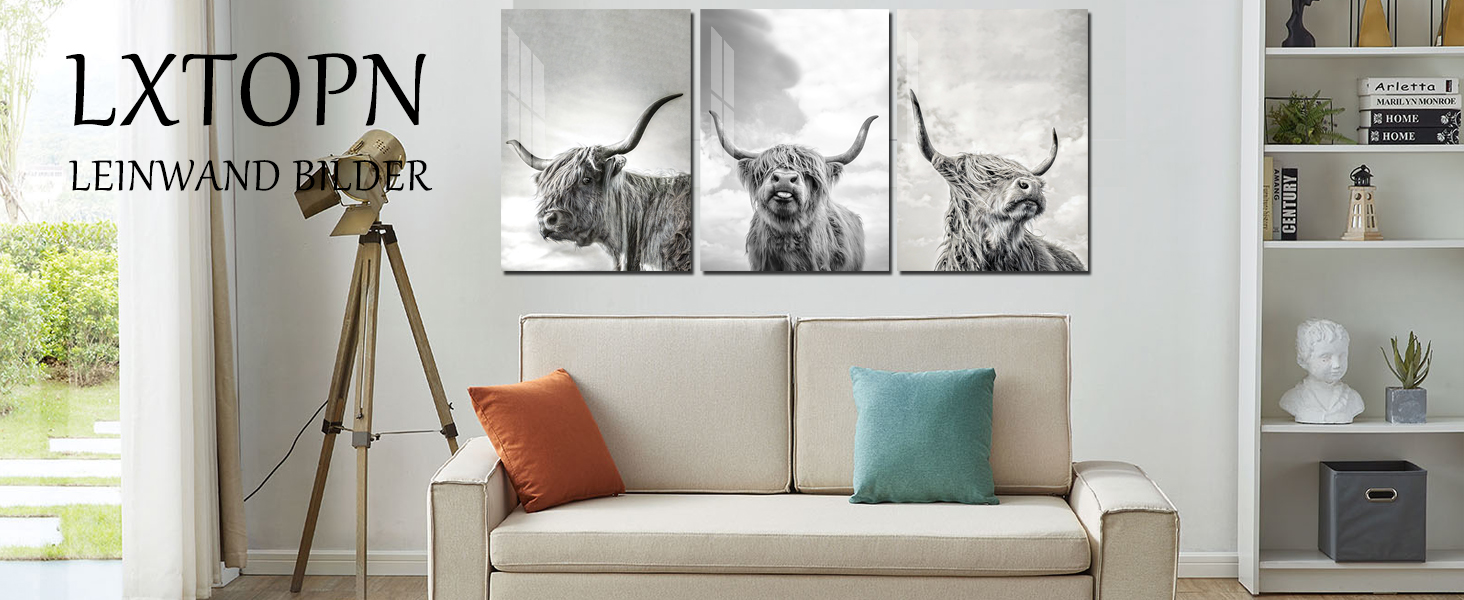 Amazon.de: LXTOPN Hochlandrind Leinwand Bilder, highland cow bild, 3er Set Schwarz-Weiß hochland ...