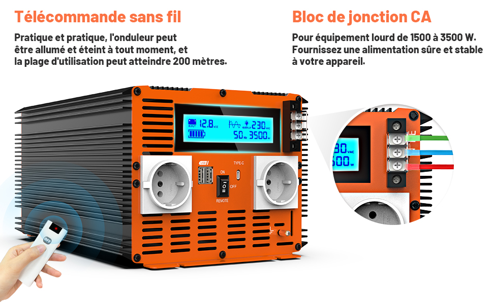 JARXIOKE Convertisseur 12V 220V Pur Sinus 3500W Inverter Onduleur Transformateur de Tension avec ...