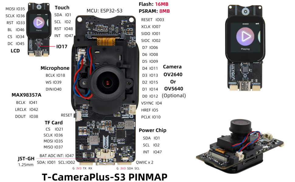Amazon.com: LILYGO T-Camera-Plus-S3 ESP32-S3 TTGO Development Board Microphone MAX98357A Speaker ...