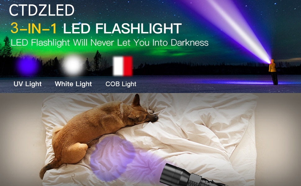 CTDZLED Rechargeable Flashlights, 3 in 1 Super Bright Black Light Flashlights 1200 Lumens, 7 ...