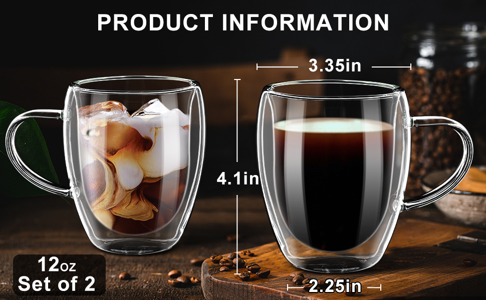 PARACITY Coffee Mugs Set of 2, Double Wall Coffee Mug 12 OZ, Glass ...