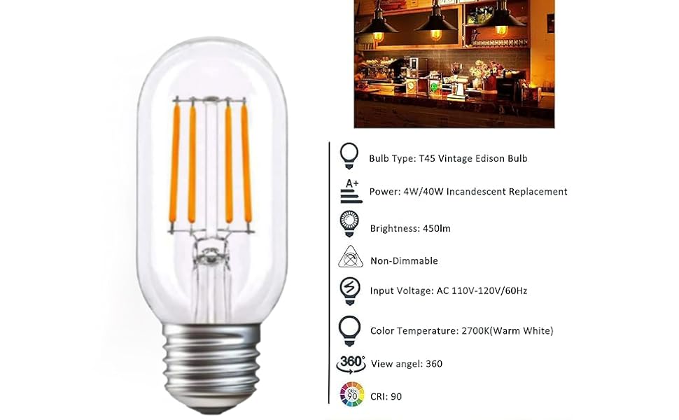 LHYueTong 6pack T45 LED Bulb, 4W Tubular Bulb LED Filament Bulb, Equivalent to a 40W E26 Base ...
