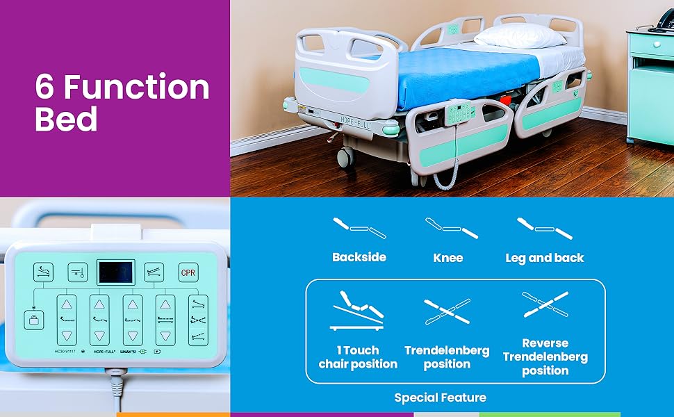 Amazon.com: HopeFULL (HC-6 Premium 6-Function Electric Hospital Bed, Side Rail Controls, Remote ...