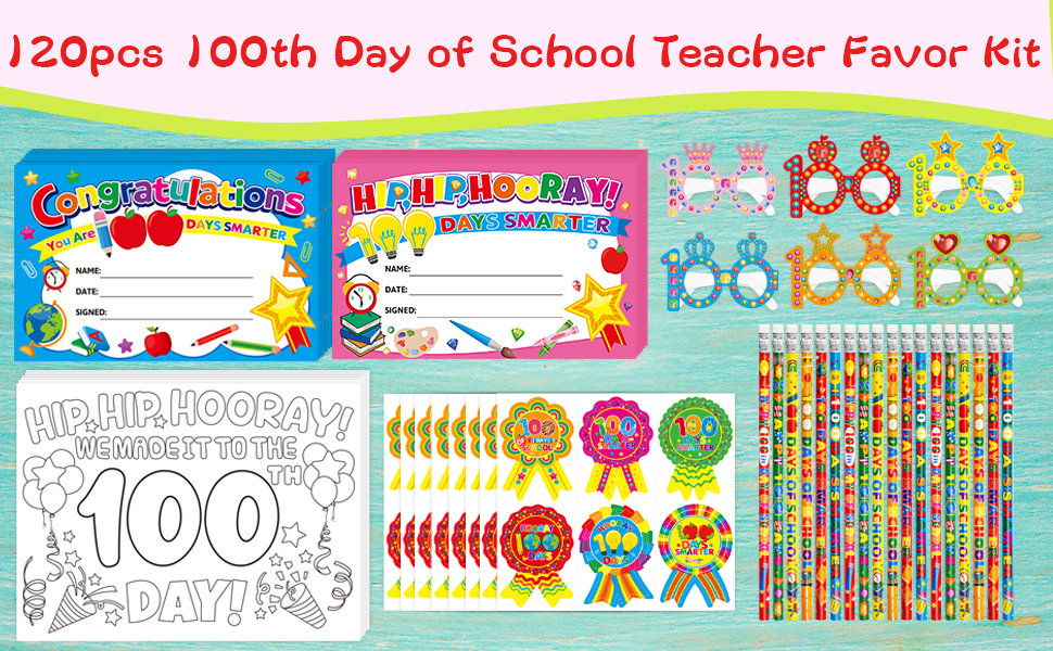 Amazon.com : 120Pcs 100th Day of School Kit Teacher Favor Kit 100 Days ...