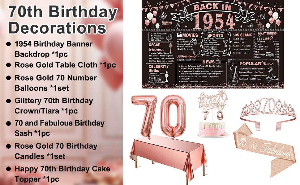 Amazon.com: 70th Birthday Decorations Woman with 70th Birthday Banner, Rose Gold Tablecloth, 70 ...