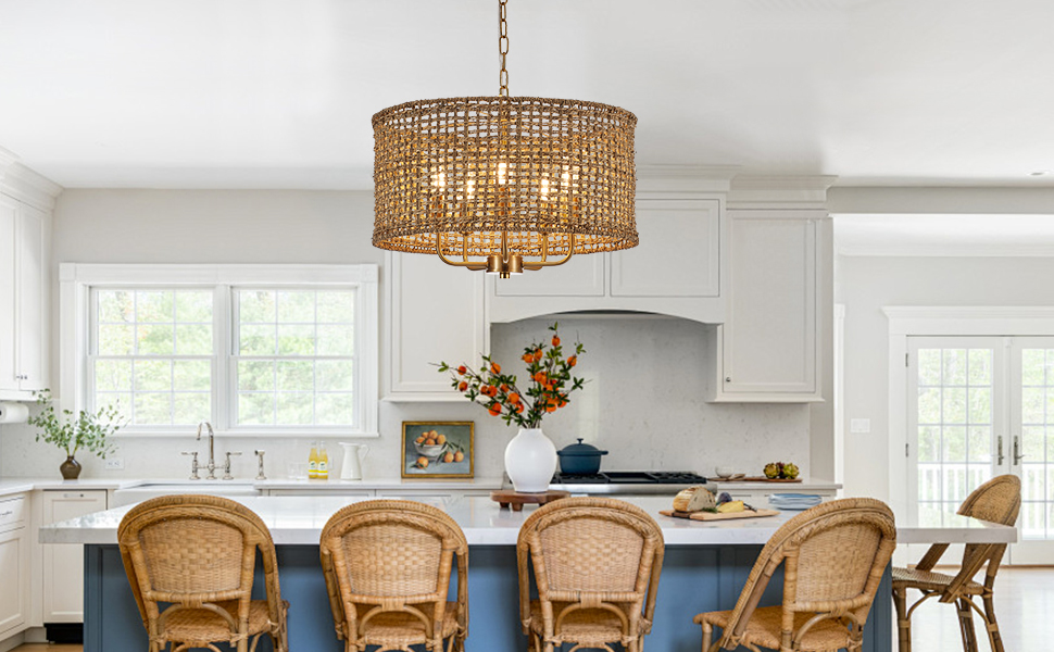 YOMECOO Hand-Woven Rattan Chandelier Vintage Farmhouse Boho Bamboo ...