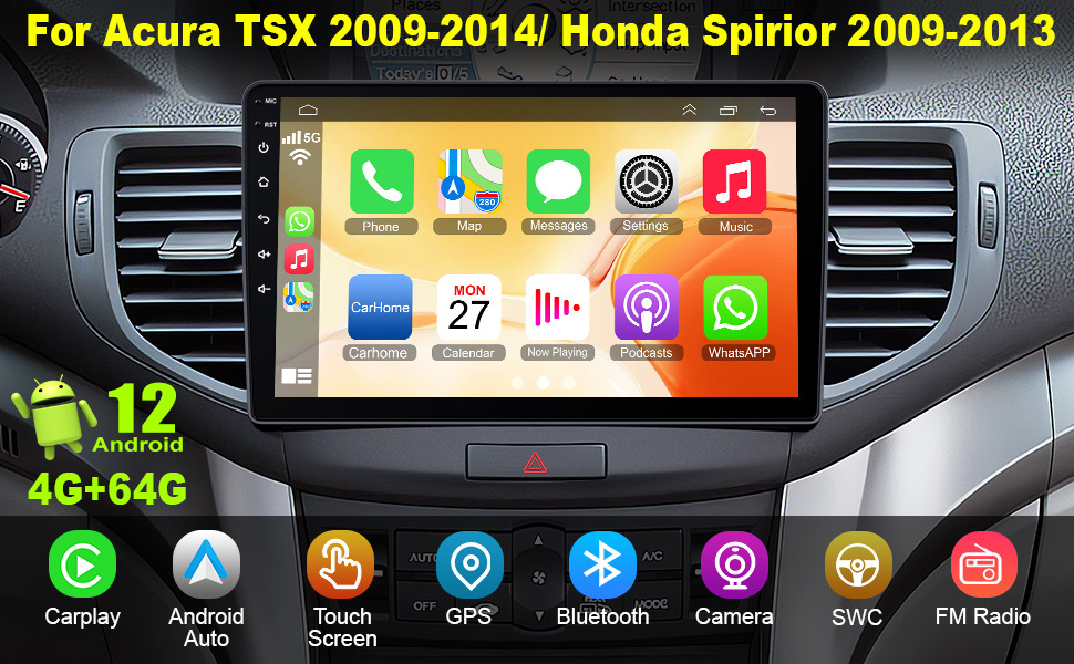 Amazon.com: 4G+64G Car Radio Stereo for Acura TSX 2009-2014/Honda Spirior 2009-2013, Wireless ...