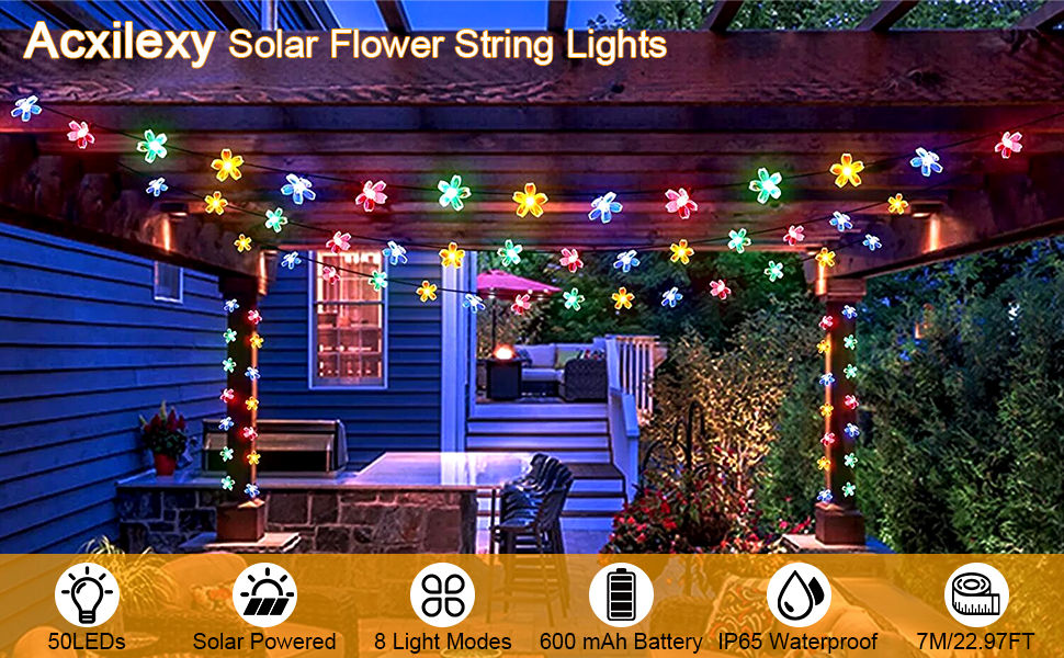 Acxilexy Solar Flower String Lights, 50LED 23Ft Cherry Blossom String ...