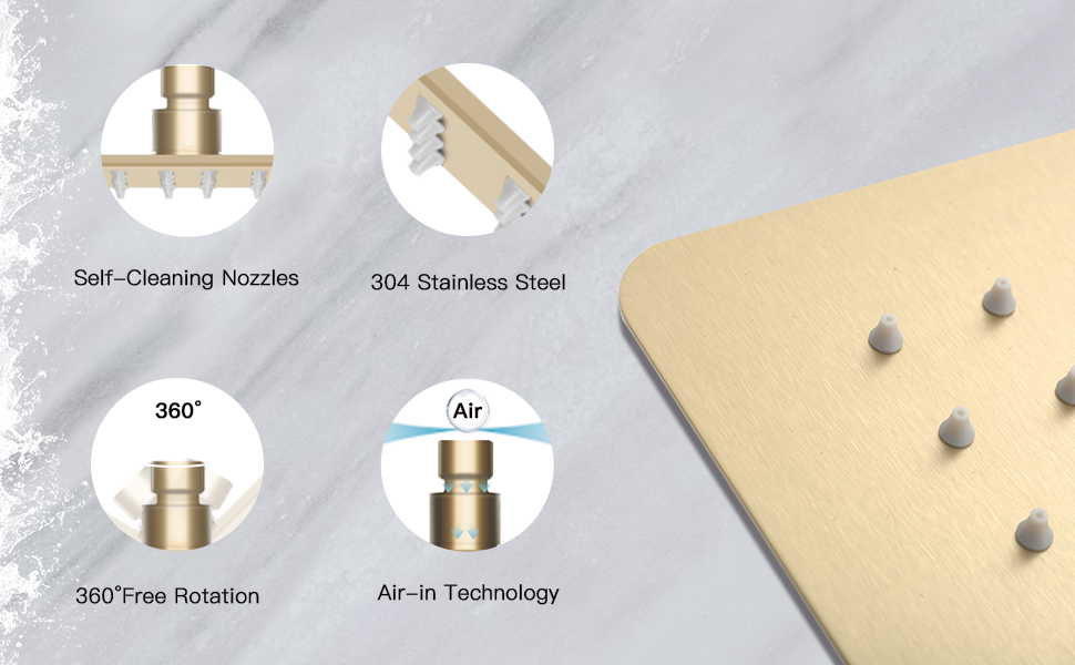 KINLIV 12 inch Brushed Gold Rain Shower Head - All Metal 304 Stainless Steel, Full Body ...