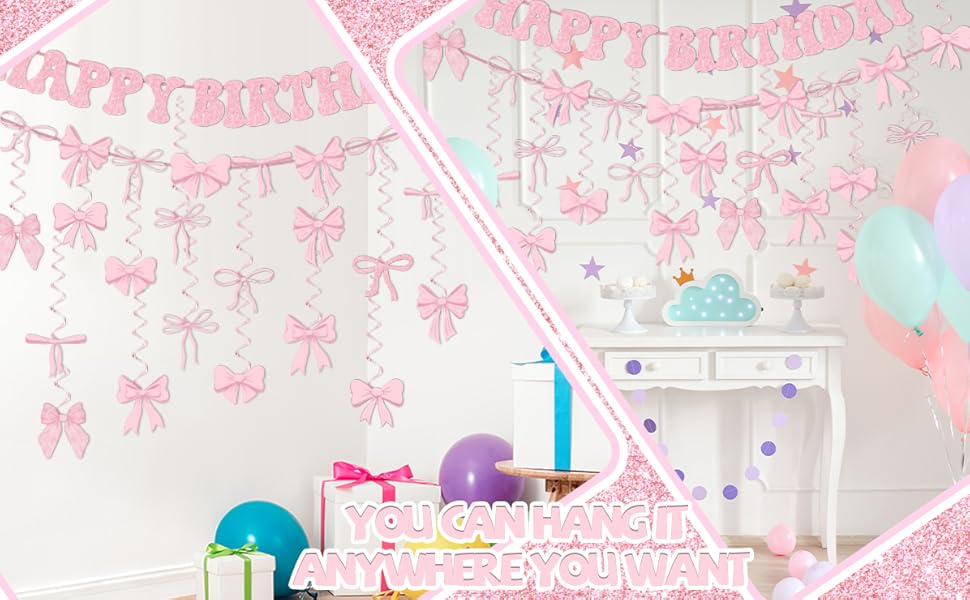 Amazon.com: Pink Bow Birthday Party Decorations,Pink Bow Happy Birthday ...