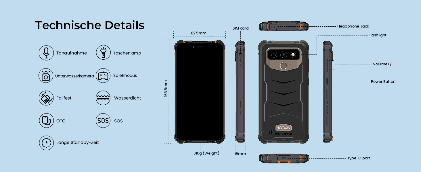 HOTWAV T5 MAX Android 13 Outdoor Handy, 6050mAh 4GB/64GB/1TB Erweiterbar 6.0 Zoll HD+ Display ...