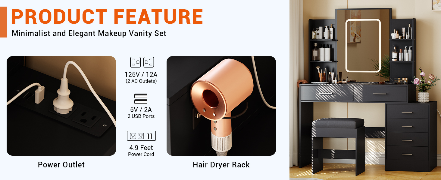 Amazon.com: Patikuin Vanity Desk with Mirror and Lights - Makeup Vanity with Charging Station ...