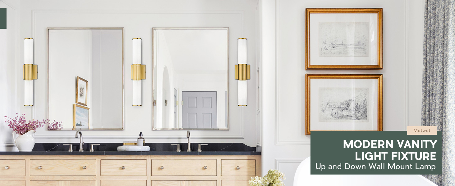 METWET Bathroom Light Fixtures, 2-Light Vanity Lights for Mirror with Milk Glass Shade, Brushed ...