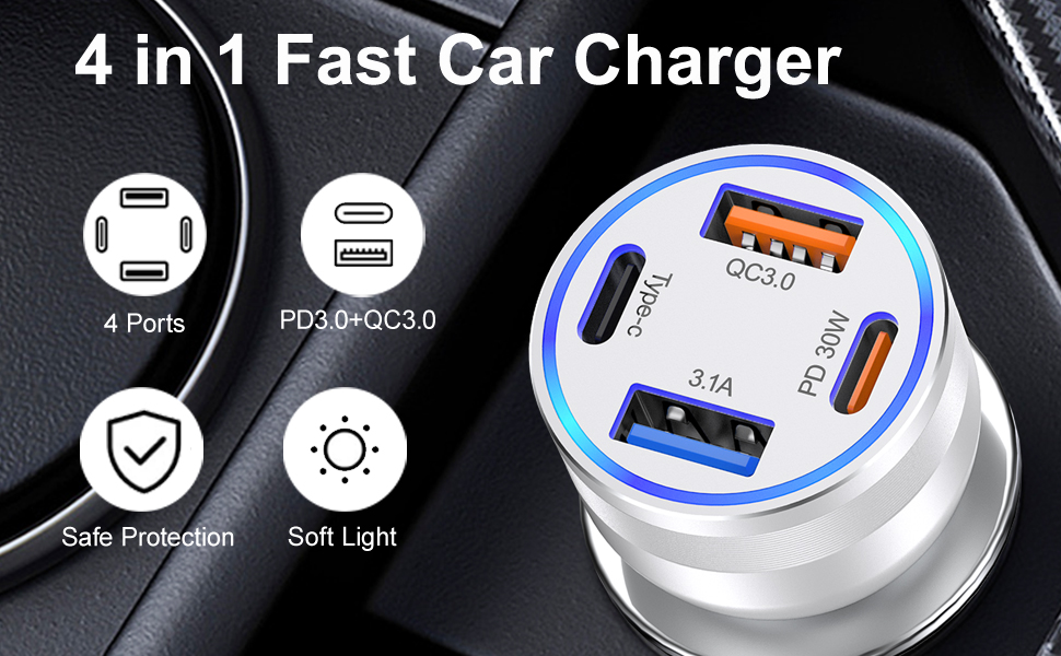 Amazon.com: [2-Pack] Car Charger USB C, 4 in 1 65W Fast Charging 4-Port Dual USBC & USB A Car ...