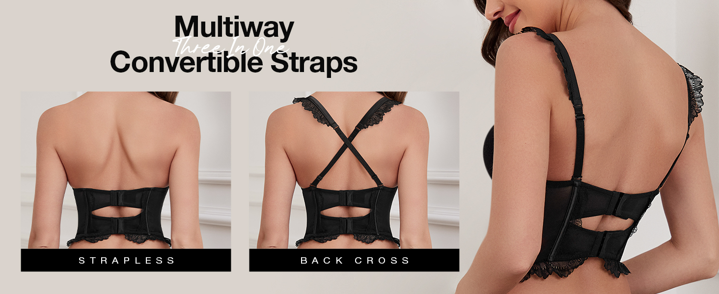 Wingslove Women's Strapless Bra Longline Lace Bustier Corset Push Up Boned Underwire Sexy Sheer ...