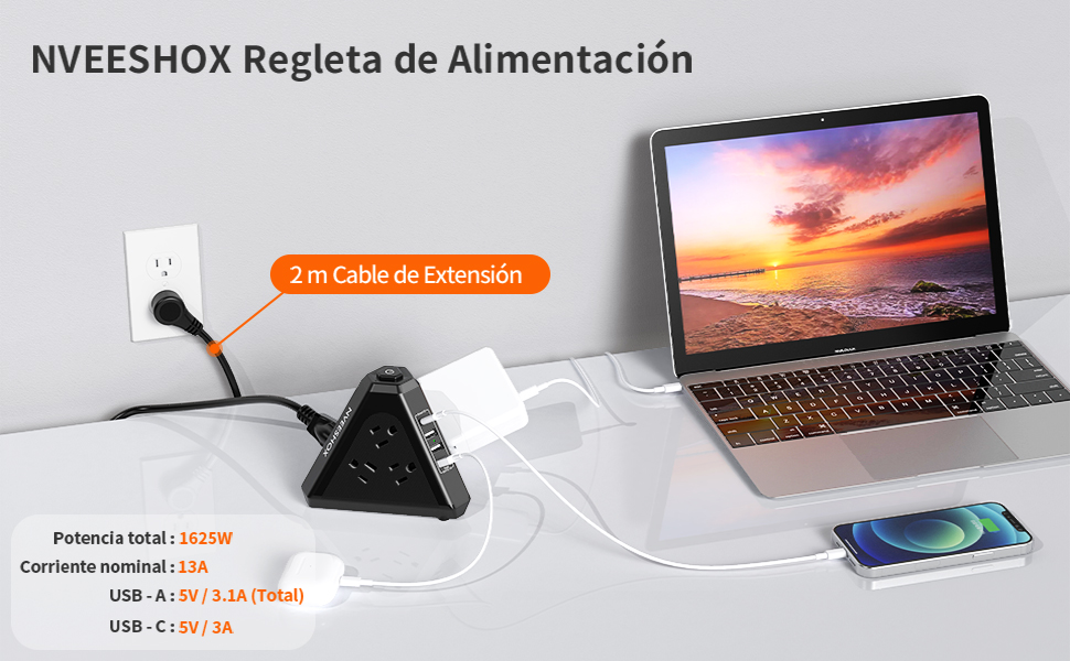 NVEESHOX Regleta Multicontacto, Extension en Torre Triángulo con 9 Enchufes de CA 3 USB y 1 USB ...