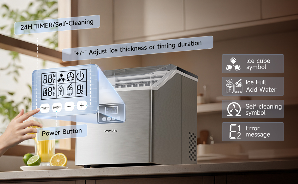 KOMORE Ice Maker Machine, Stainless Steel Ice Cube Maker 20kg/Day, 24 Pcs Ready in 13 Mins, Self ...