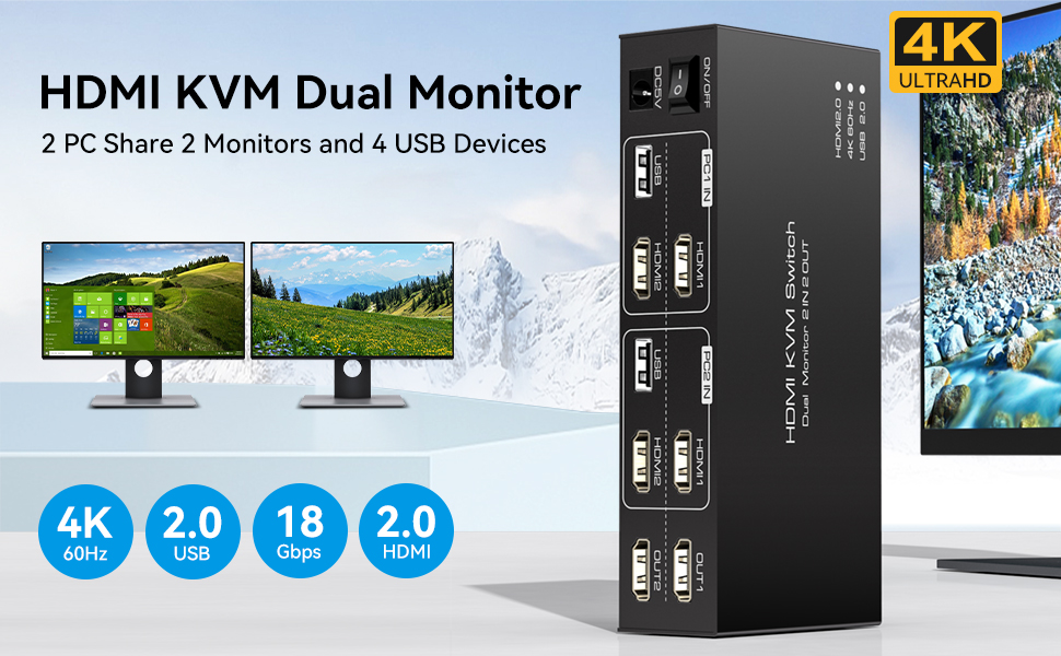 VPFET HDMI KVM Switch 2 PC 2 Monitors 4K60Hz Dual Monitor KVM Switches ...