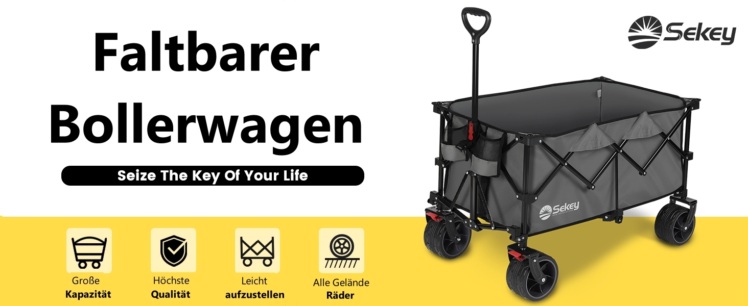 Sekey XXL Plus Bollerwagen Faltbar mit Bremsen 200L 150KG Belastbar, 17x10 cm Extra Breite ...