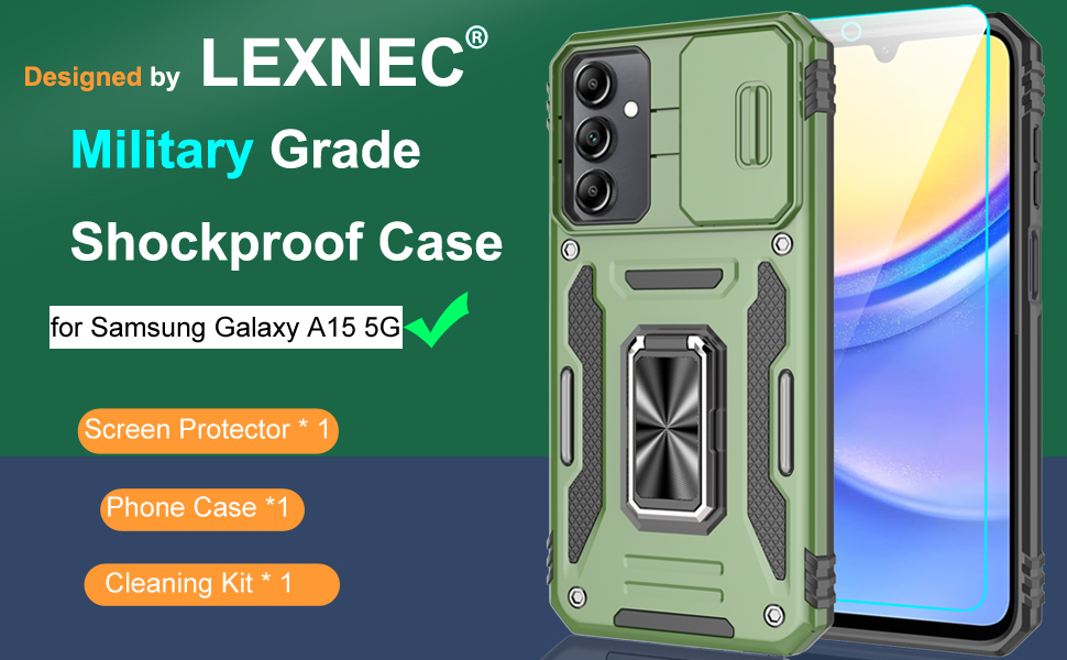 Amazon.com: LEXNEC for Samsung Galaxy A15 5G Case with Sliding Camera Cover & Tempered Glass ...