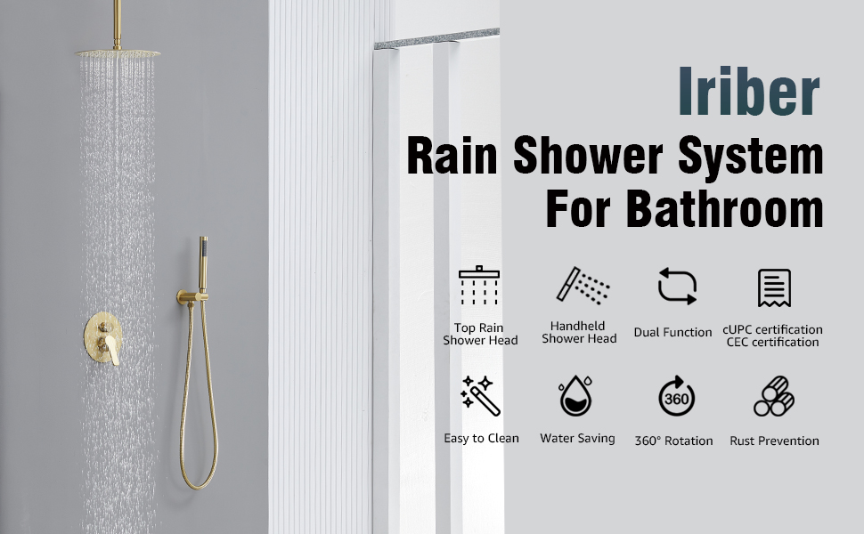 Iriber Brushed Gold Ceiling Mount Round Rain Shower System with 12 Inch Shower Head and Handheld ...