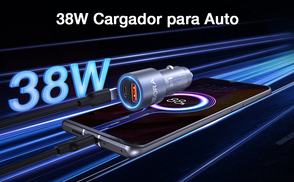 1 Hora Cargador Auto Carga Rapida 38W, Cargador Carro Tipo C PD 20W y QC 3.0 18W con Cable USB C ...