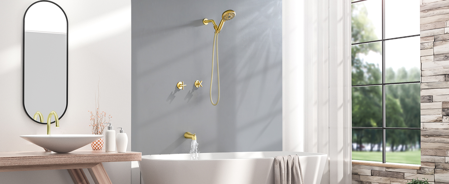 2 Handles Tub Shower Faucet Set with 10 Spray Handheld Shower Brushed Gold Shower System with ...