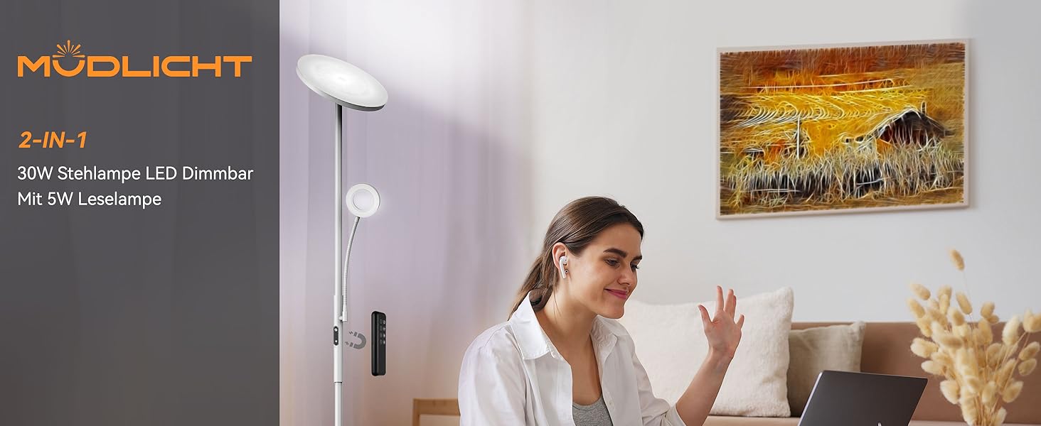 Modlicht 35W Stehlampe LED Dimmbar Grau, 4200LM Stehleuchte Wohnzimmer mit Fernbedienung & Touch ...