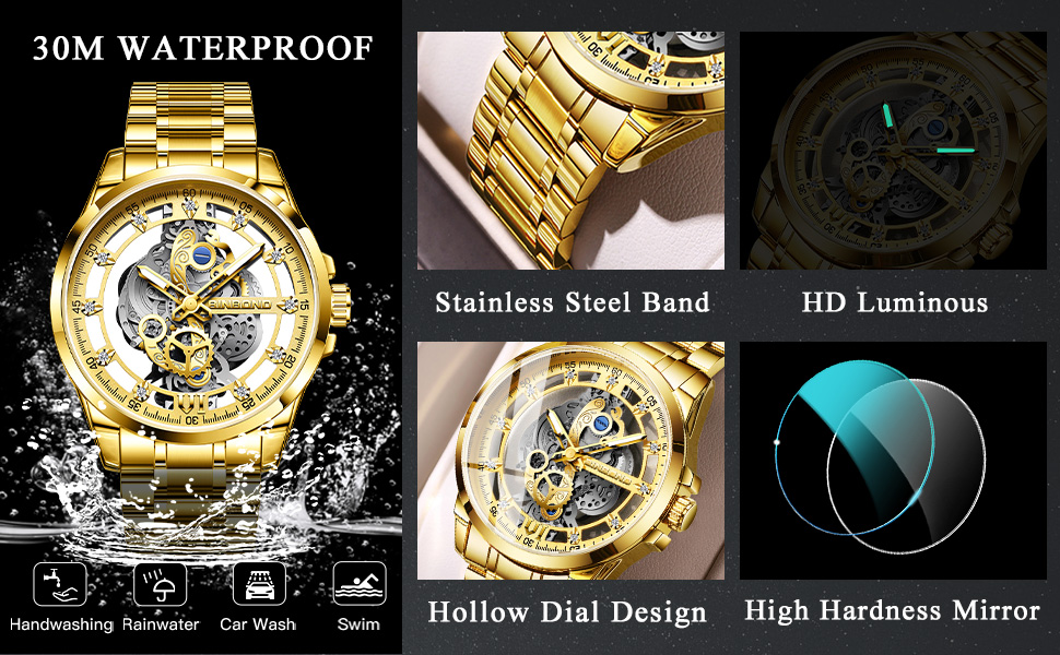 Buy BINBOND Gold Men's Hollow Skeleton Watches Luxury Diamond Business Dress Analog Quartz ...