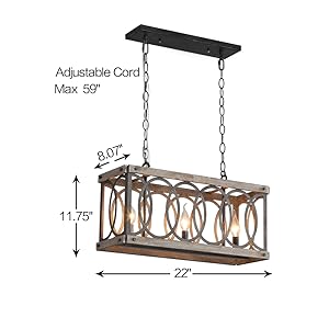 PHILOMENA Wood and Metal Chandelier, 3-Light Kitchen Island Light ...