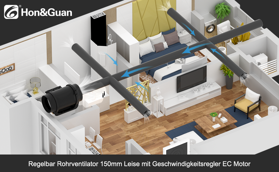 Hon&Guan Regelbar Rohrventilator 150mm Leise mit Geschwindigkeitsregler EC Motor, Energiesparend ...