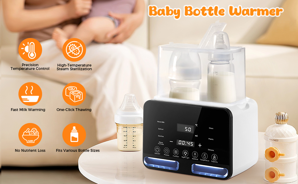 Baby Bottle Warmer, 9 in 1 Double Bottle Sterilizer with LCD Display, Fast Baby Food Heating ...