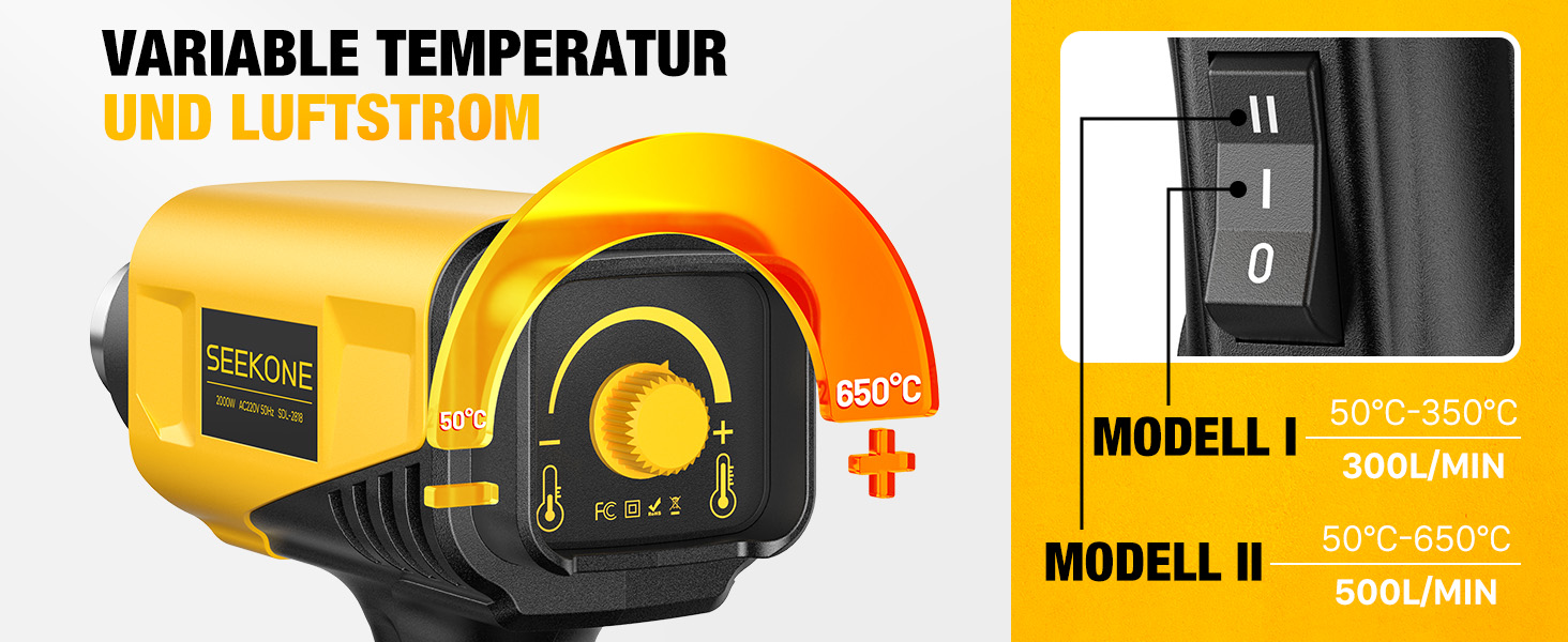 SEEKONE Heißluftfön 2000W Heißluftpistole mit einstellbarer Temperatur 50-650℃ Heißluftpistolen ...