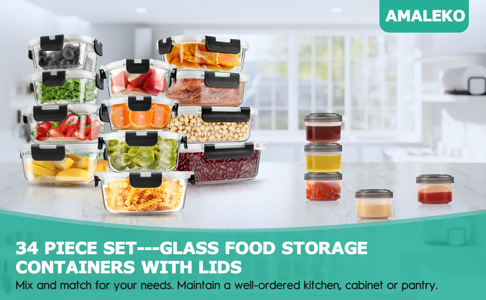Juego de 34 recipientes de vidrio para almacenamiento de alimentos con ...